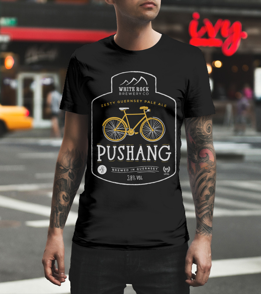 White Rock Brewery Co Pushang Zesty Guernsey Pale Ale 3.8% Vol Brewed In Guernsey Bike Label T-Shirt
