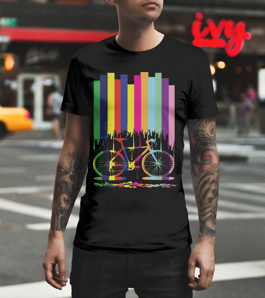 Rainbow Bicycle Dripping Paint Stripes T-Shirt