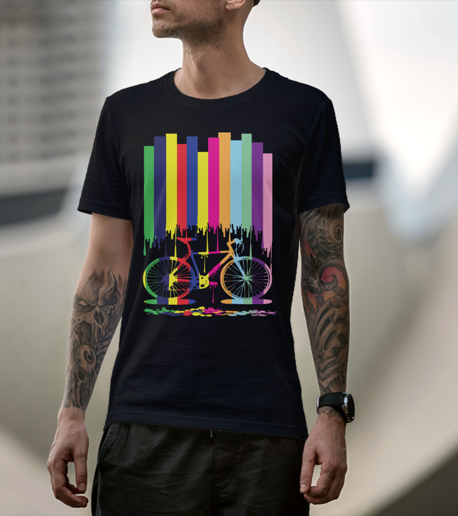 Rainbow Bicycle Dripping Paint Stripes T-Shirt