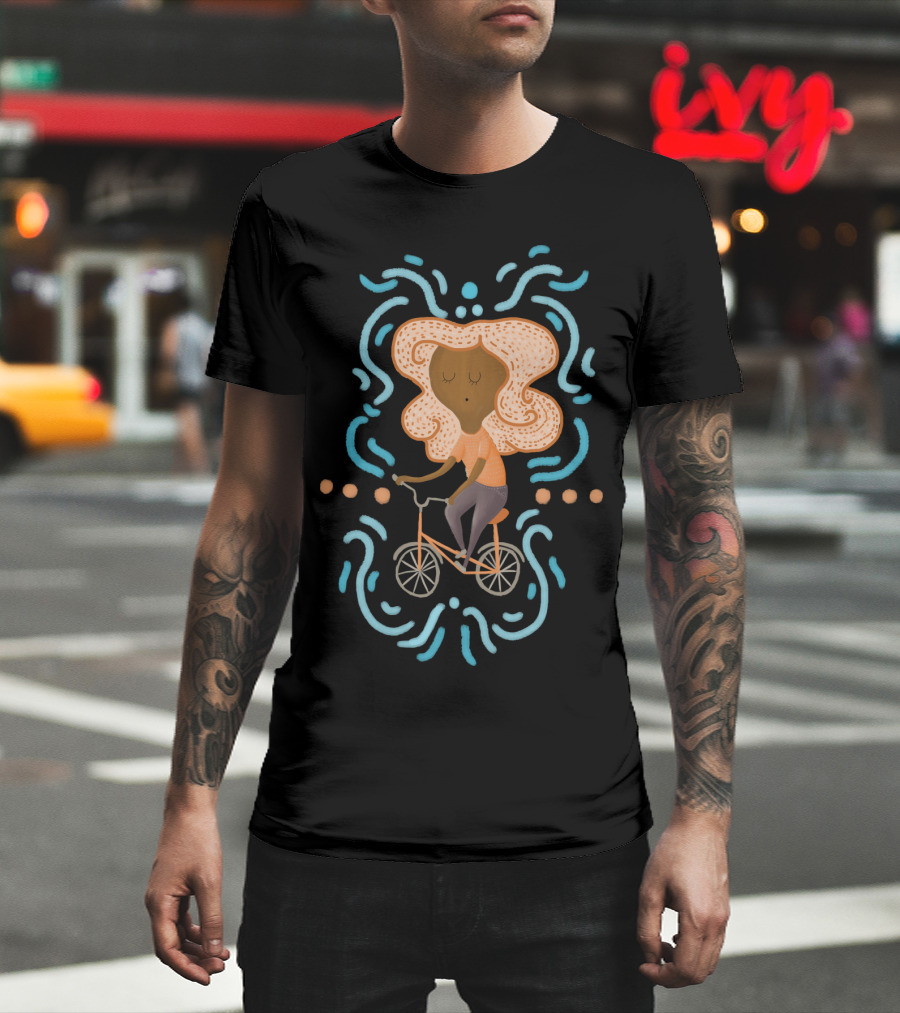 Sarah Bicycle Curly Orange Hair Blue Accents T-Shirt