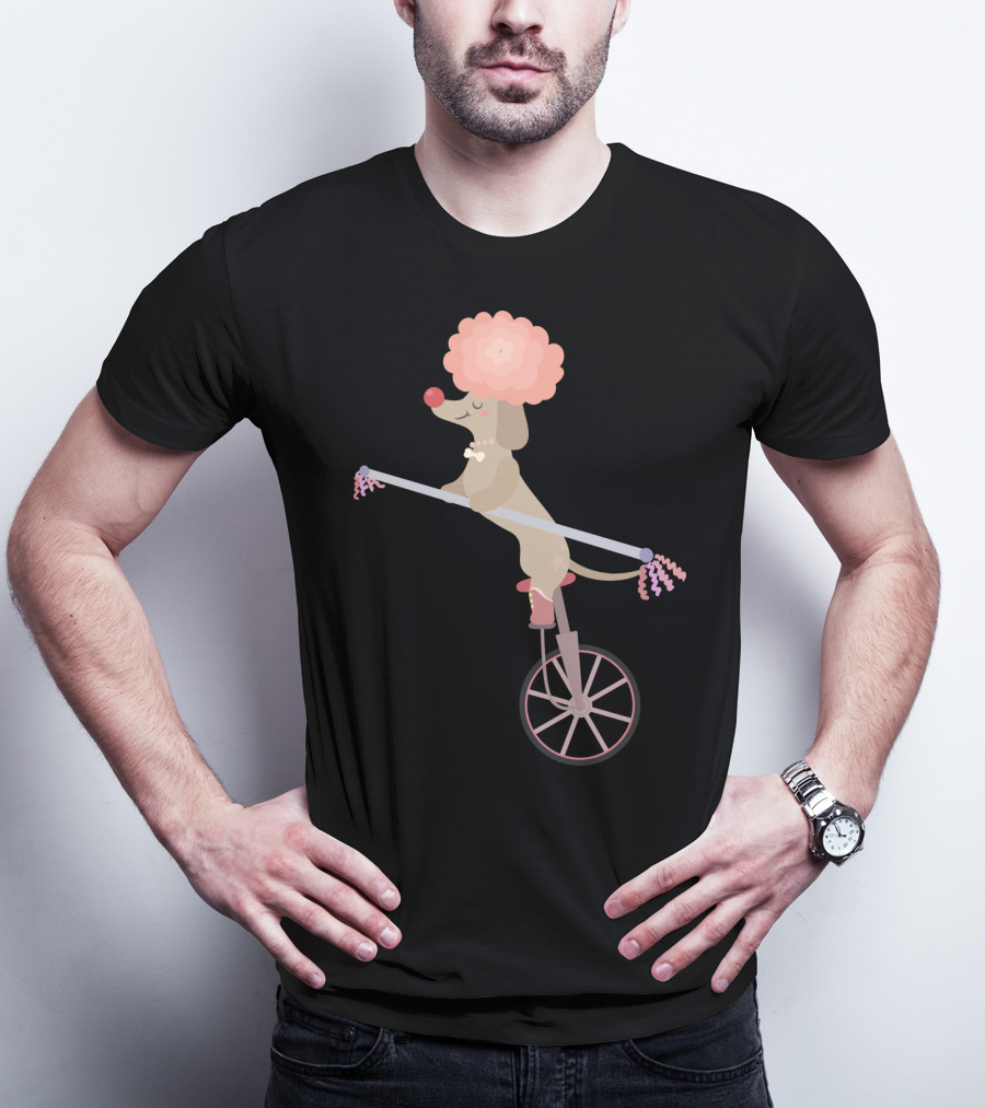Unicycle Dog With Clown Wig And Red Nose Balancing On Wheel T-Shirt