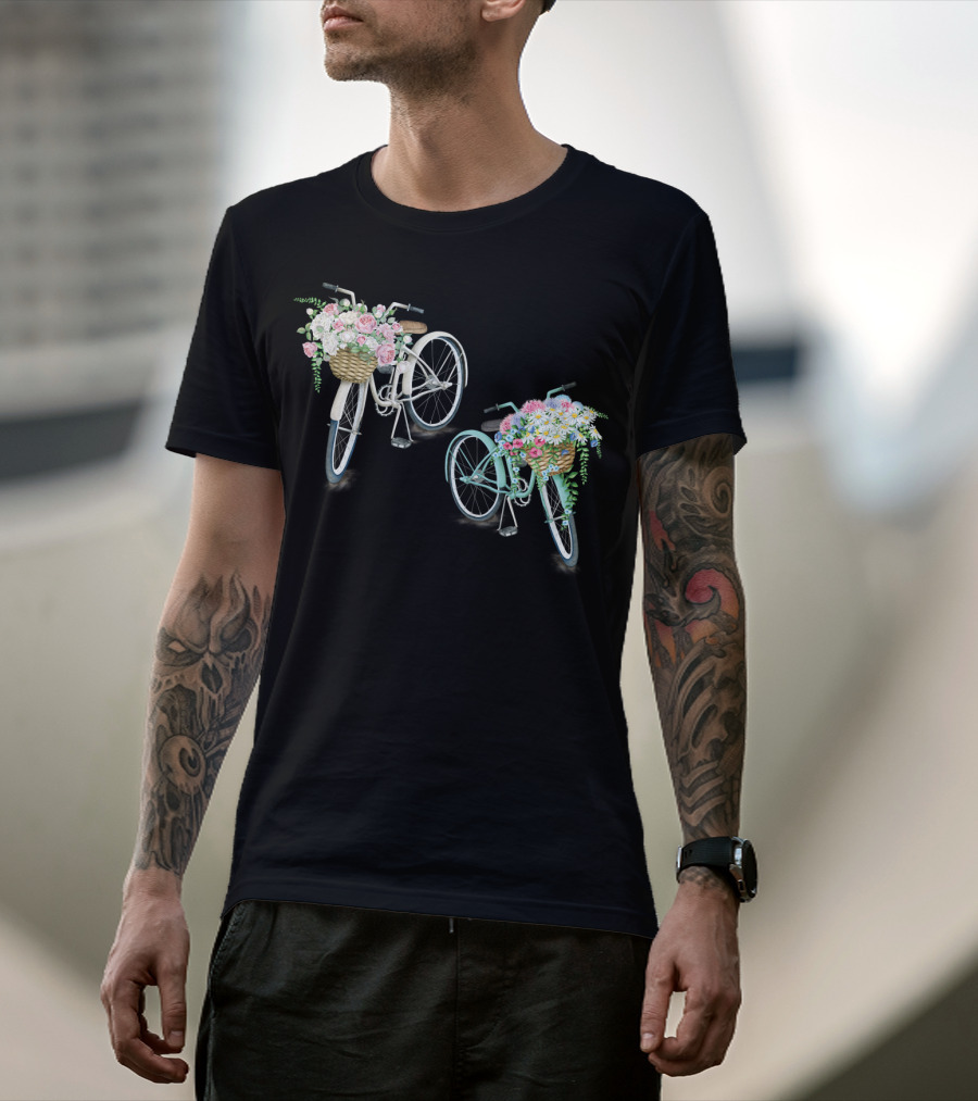 Vintage Bicycles With Flower Baskets Roses And Daisies T-Shirt