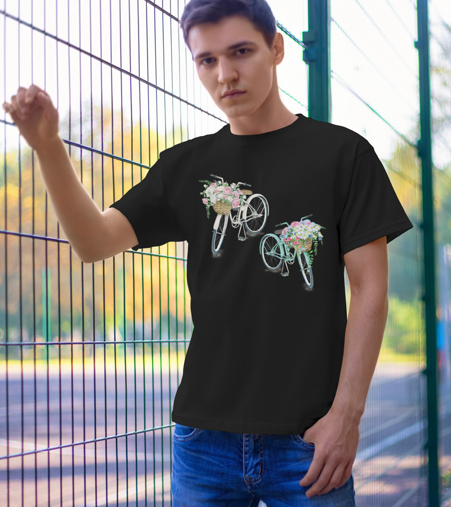 Vintage Bicycles With Flower Baskets Roses And Daisies T-Shirt
