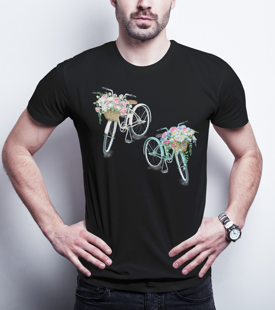 Vintage Bicycles With Flower Baskets Roses And Daisies T-Shirt