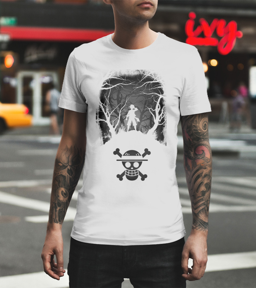 Luffy Silhouette In The Woods With Straw Hat Pirate Skull T-Shirt