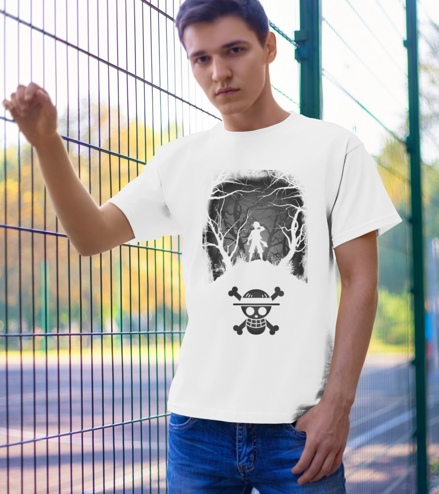 Luffy Silhouette In The Woods With Straw Hat Pirate Skull T-Shirt