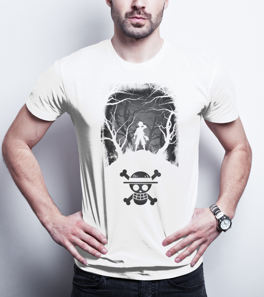 Luffy Silhouette In The Woods With Straw Hat Pirate Skull T-Shirt