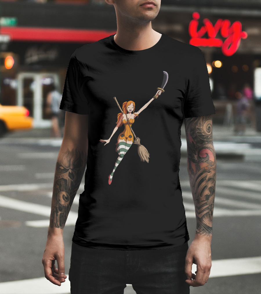 Nami Witch Riding Broomstick Sword Striped Stockings T-Shirt