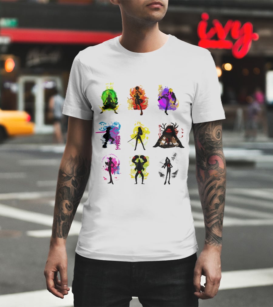 Anime Pirates Straw Hat Crew Silhouettes Japanese Text Colors T-Shirt