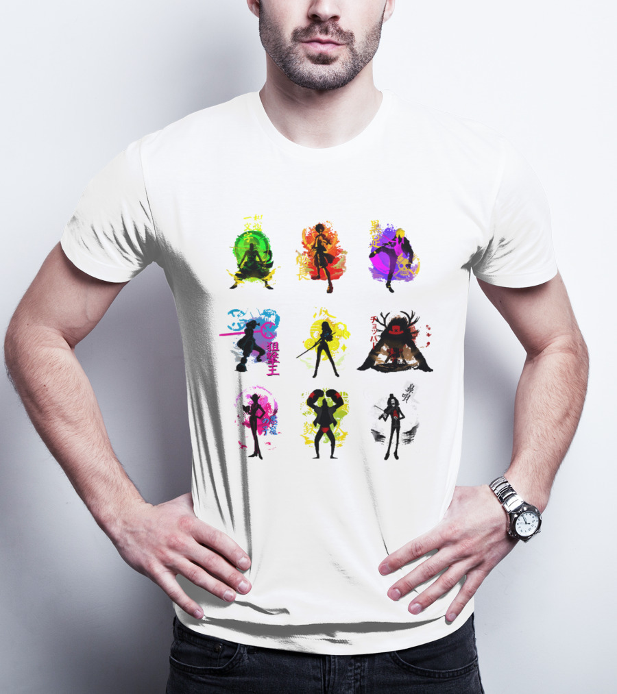 Anime Pirates Straw Hat Crew Silhouettes Japanese Text Colors T-Shirt