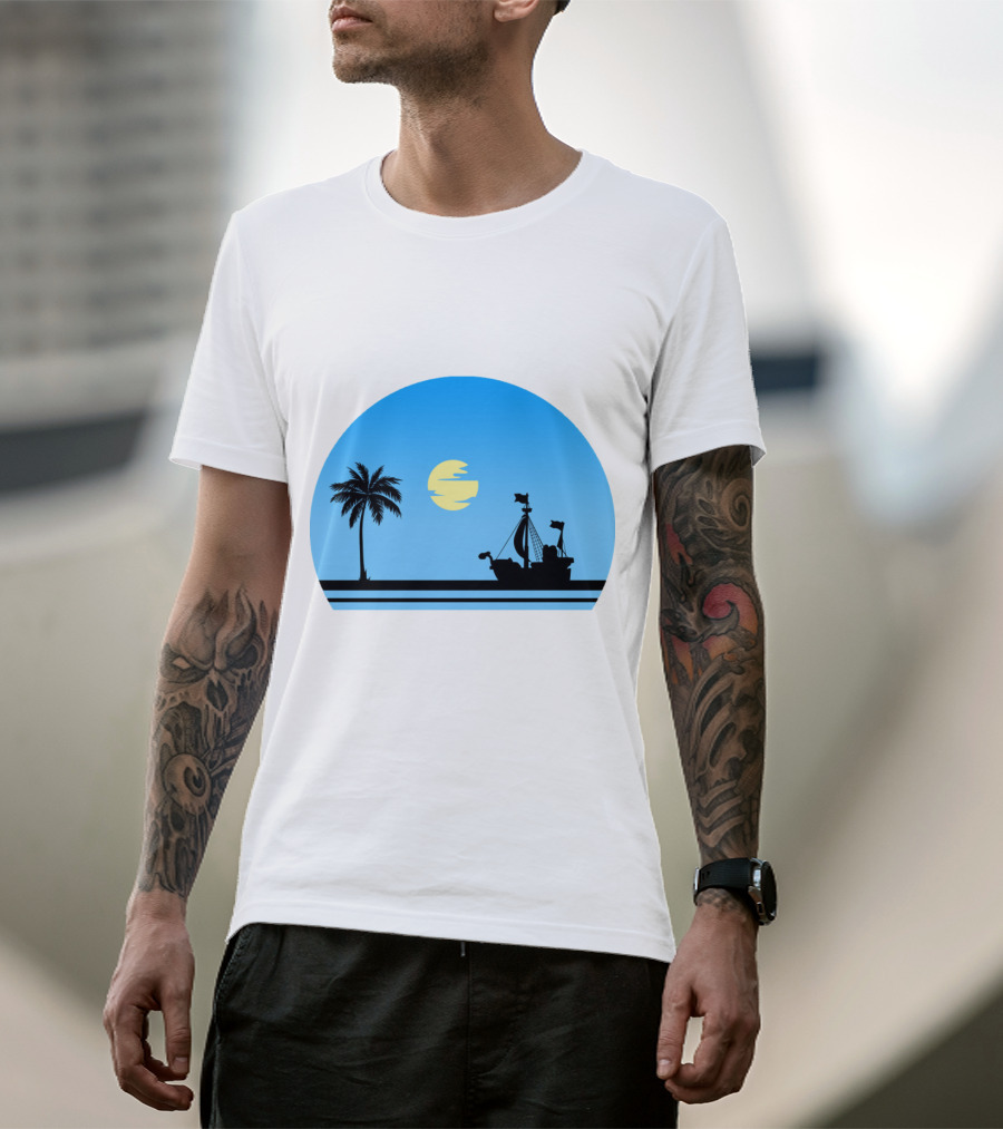 Going Merry Ship Silhouette Sunrise With Palm Tree And Sun T-Shirt