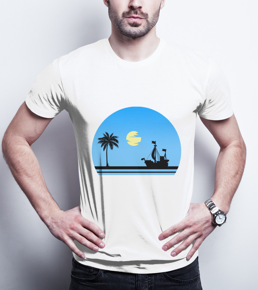 Going Merry Ship Silhouette Sunrise With Palm Tree And Sun T-Shirt