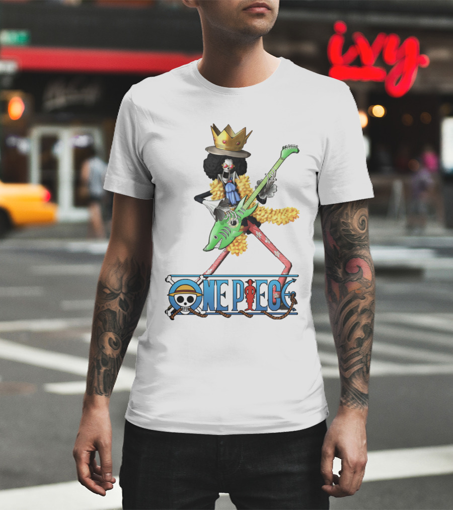 One Piece Brook Playing Guitar With Crown And Yellow Feather Boa T-Shirt