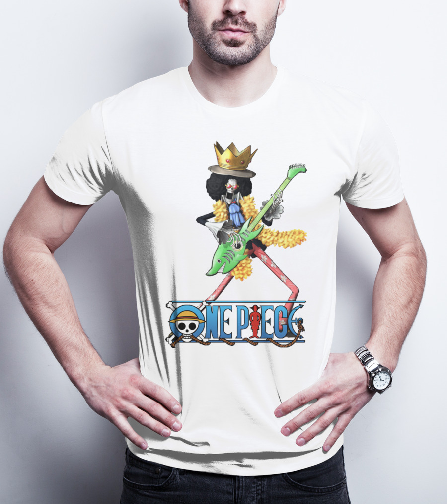 One Piece Brook Playing Guitar With Crown And Yellow Feather Boa T-Shirt