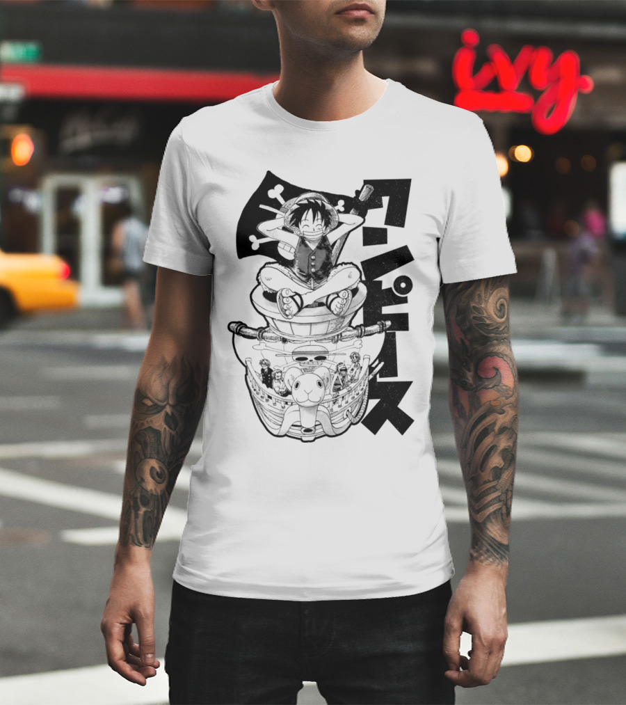 Luffy On Going Merry With Straw Hat Pirates Crew And Jolly Roger Flag T-Shirt