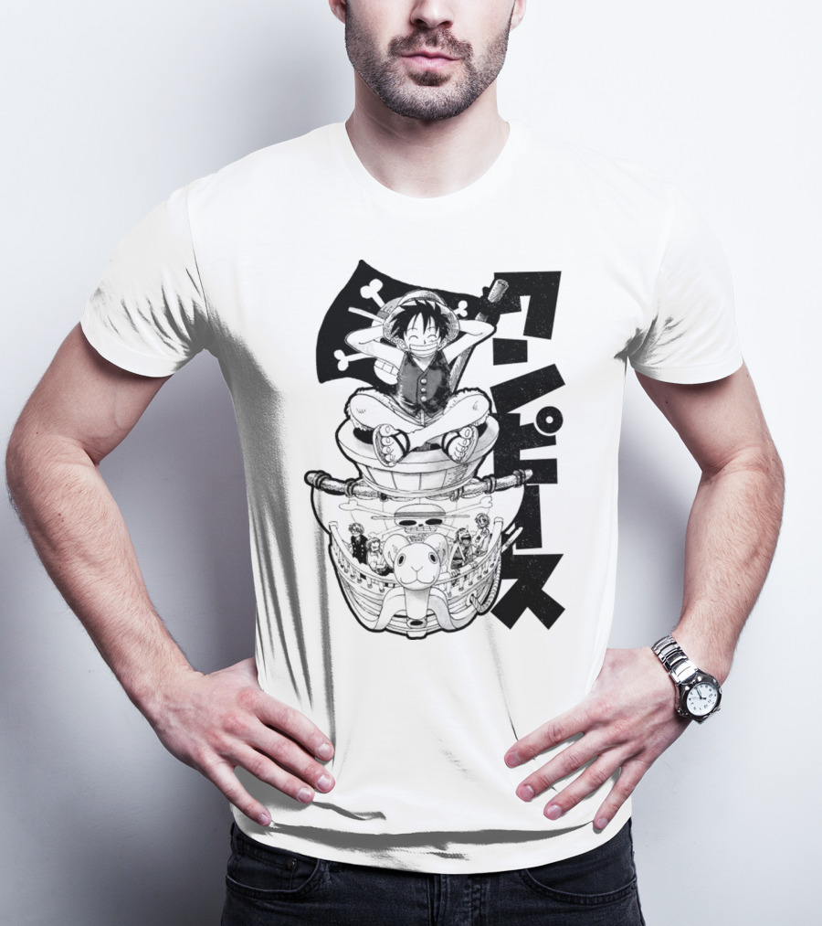 Luffy On Going Merry With Straw Hat Pirates Crew And Jolly Roger Flag T-Shirt