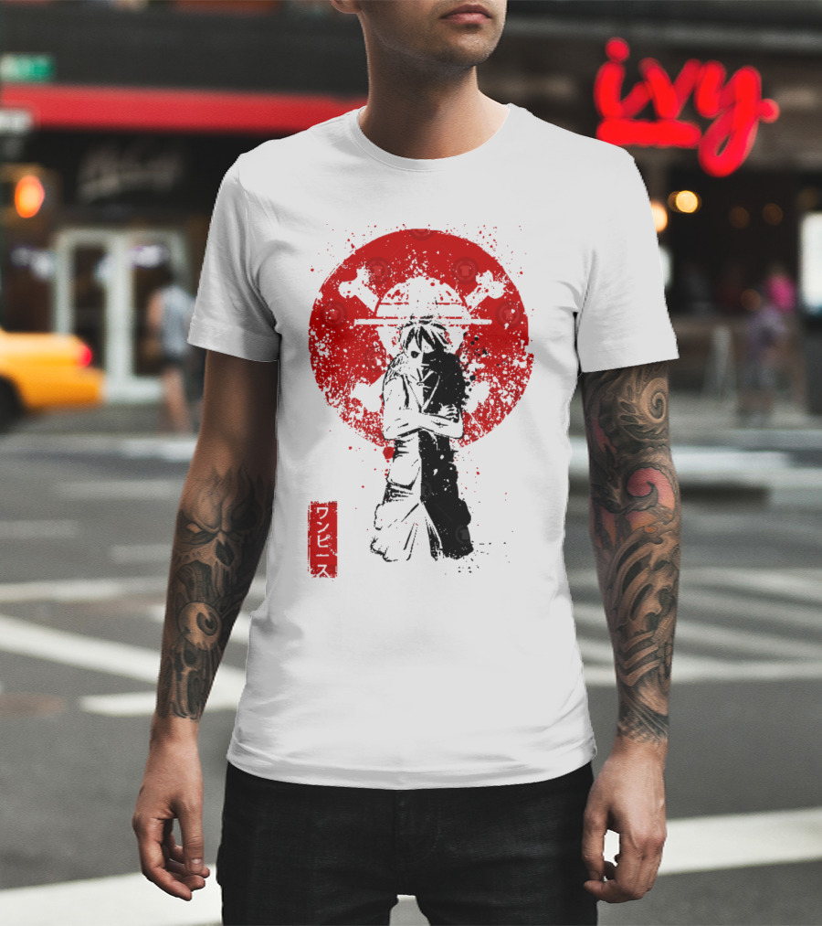 One Piece Pirate's King Splat­ter Japanese Text And Crossbones Red Circle T-Shirt