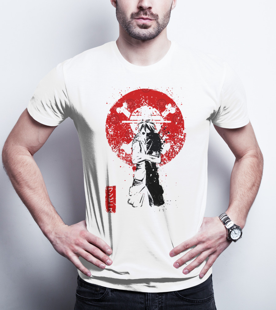 One Piece Pirate's King Splat­ter Japanese Text And Crossbones Red Circle T-Shirt