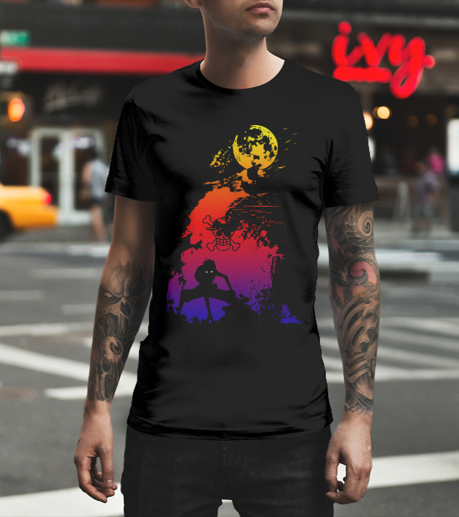 Monkey D. Luffy Shadow Art With Straw Hat Pirate Emblem And Moon T-Shirt