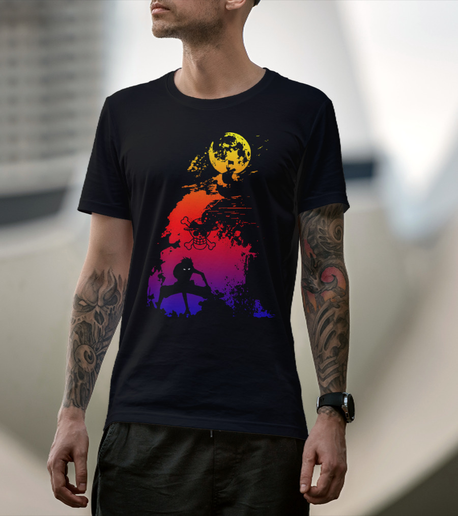 Monkey D. Luffy Shadow Art With Straw Hat Pirate Emblem And Moon T-Shirt
