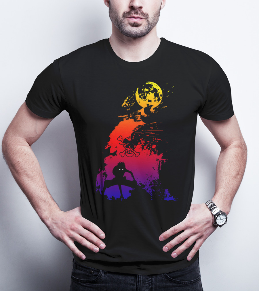 Monkey D. Luffy Shadow Art With Straw Hat Pirate Emblem And Moon T-Shirt