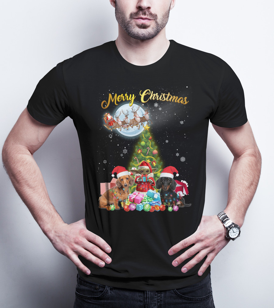 Merry Christmas Dachshund Santa Sleigh Gifts Tree T-Shirt