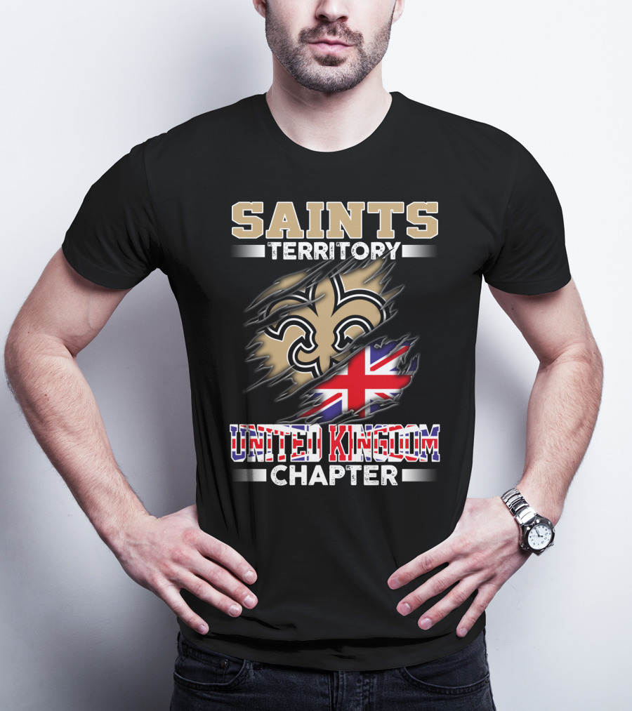 Saints Territory United Kingdom Chapter Fleur-De-Lis And Union Jack Ripped T-Shirt