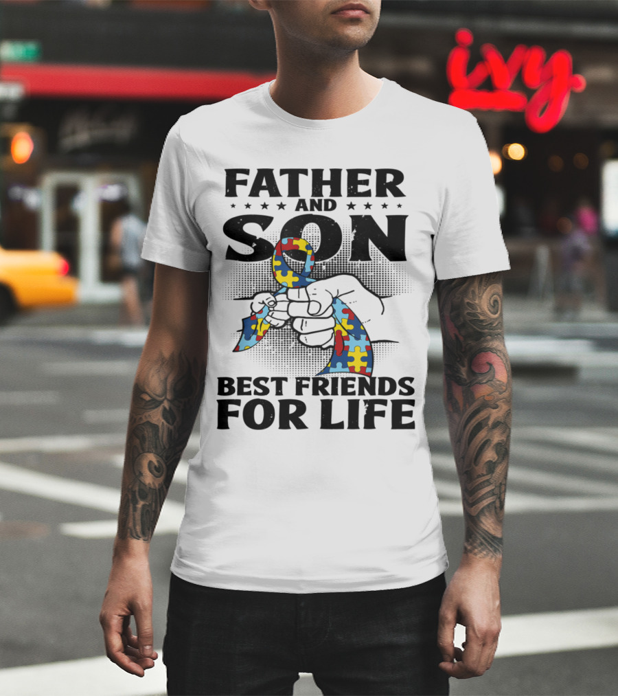 Father And Son Best Friends For Life Autism Puzzle Ribbon Fist Bump T-Shirt