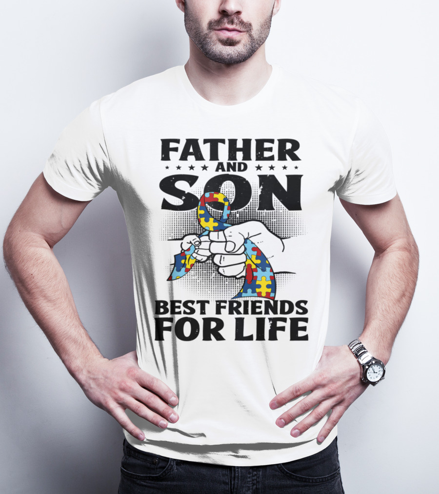 Father And Son Best Friends For Life Autism Puzzle Ribbon Fist Bump T-Shirt