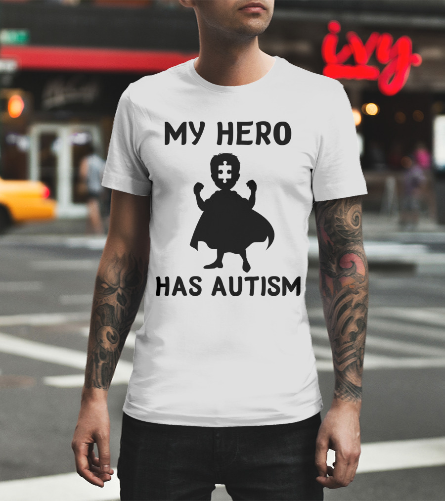 My Hero Has Autism Silhouette With Puzzle Piece Face T-Shirt