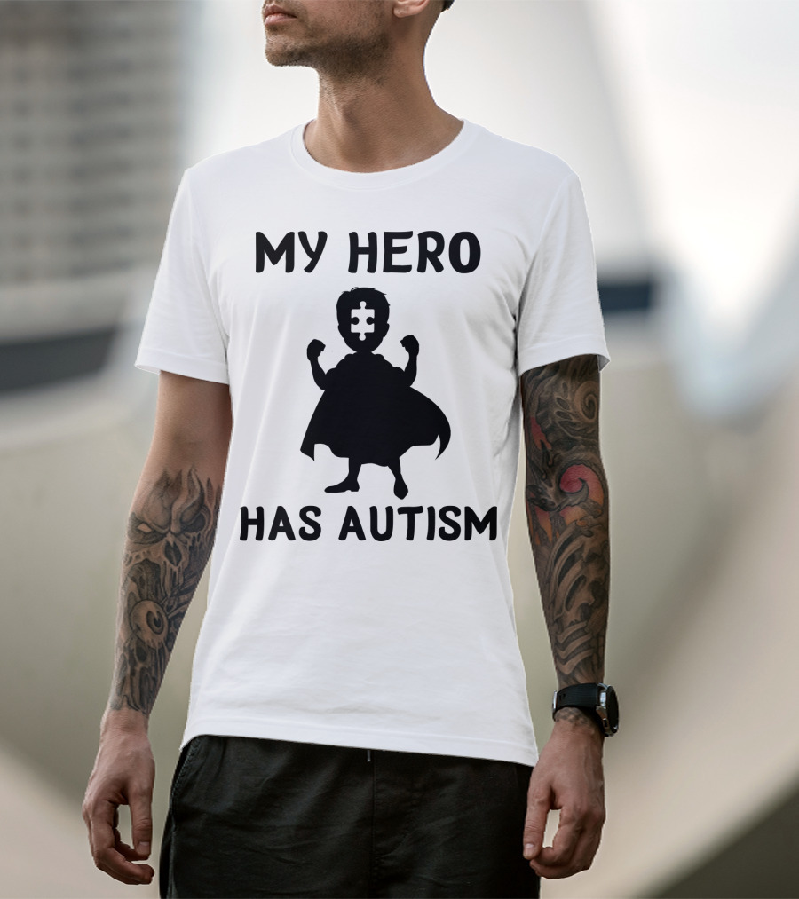 My Hero Has Autism Silhouette With Puzzle Piece Face T-Shirt
