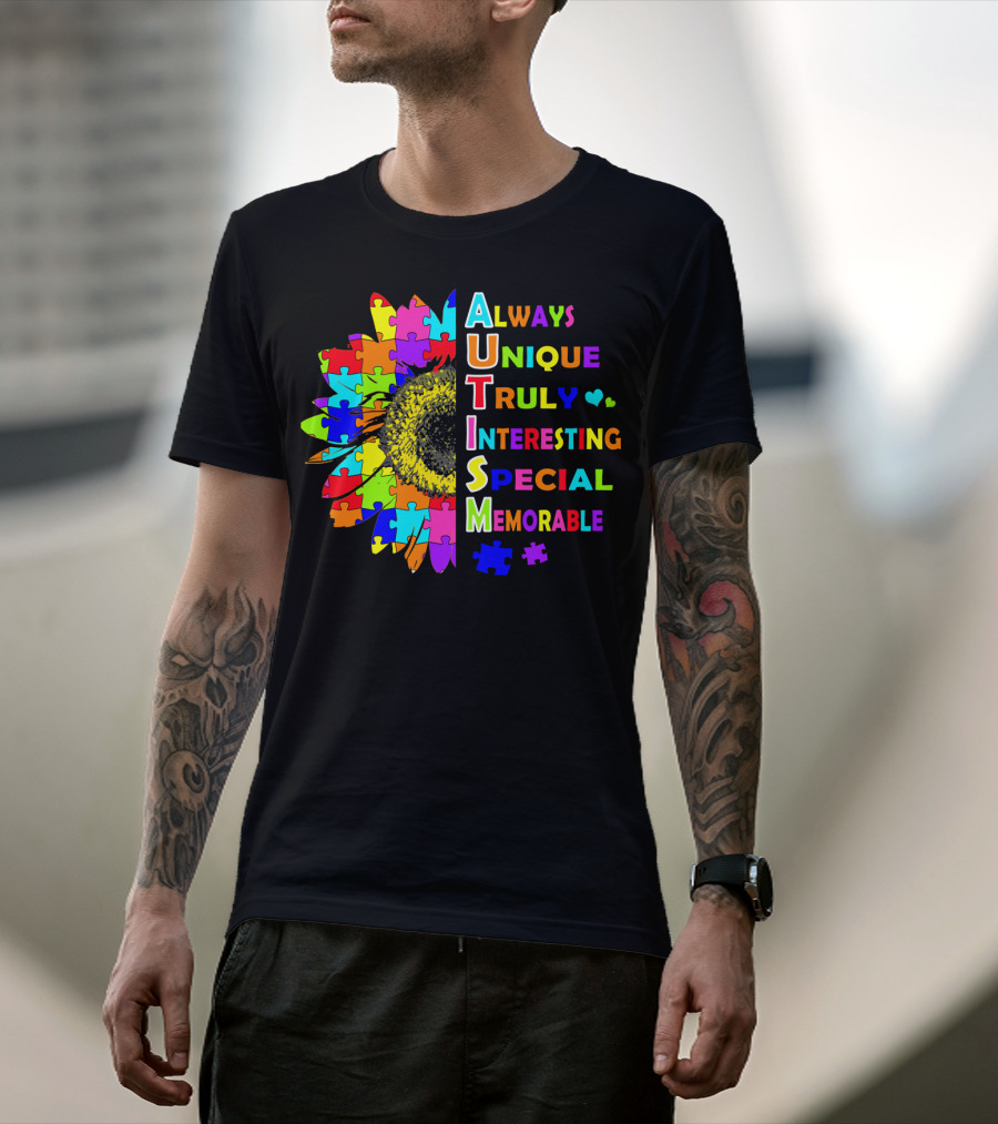 Autism Always Unique Truly Interesting Special Memorable Puzzle Sunflower T-Shirt
