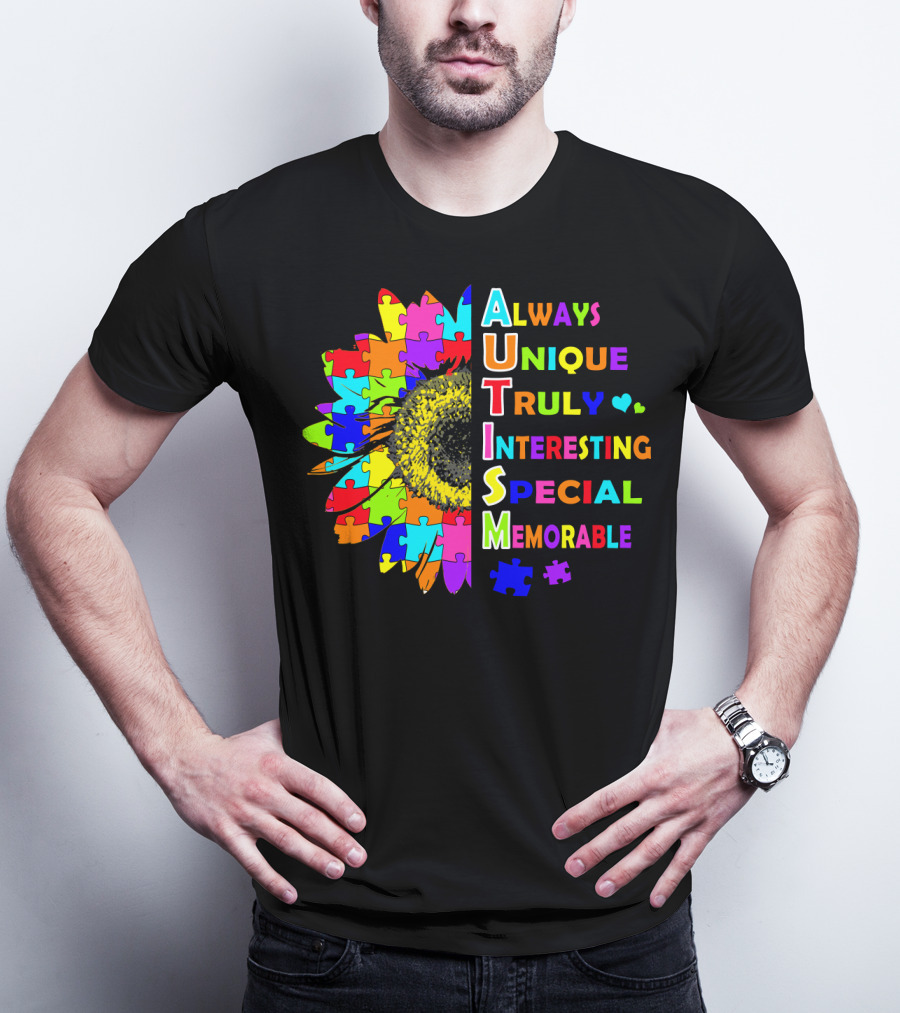 Autism Always Unique Truly Interesting Special Memorable Puzzle Sunflower T-Shirt