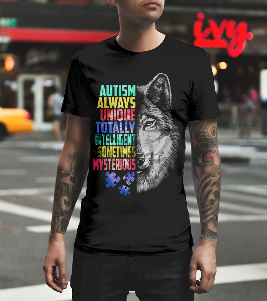 Autism Always Unique Totally Intelligent Sometimes Mysterious Wolf Puzzle T-Shirt