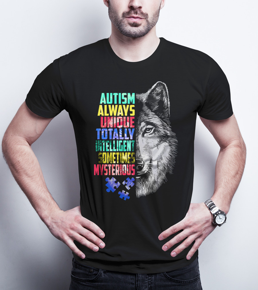 Autism Always Unique Totally Intelligent Sometimes Mysterious Wolf Puzzle T-Shirt