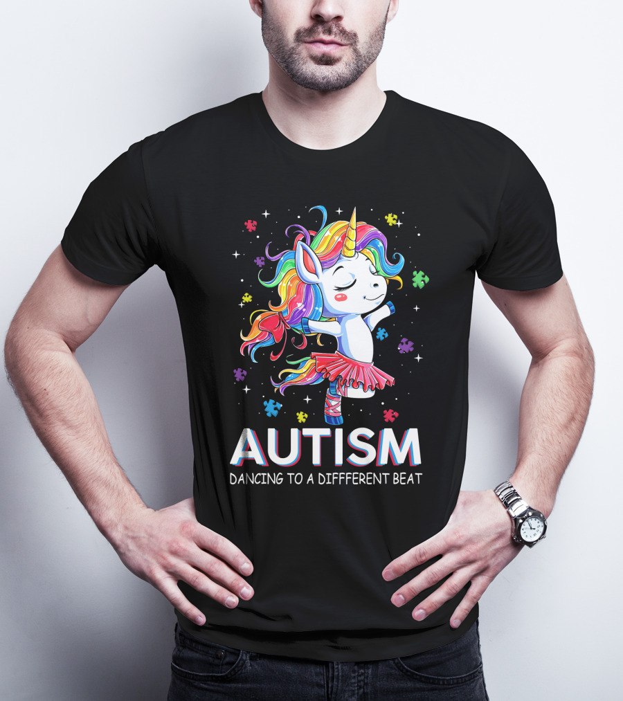 Autism Dancing To A Different Beat Unicorn Puzzle Pieces Rainbow Hair T-Shirt
