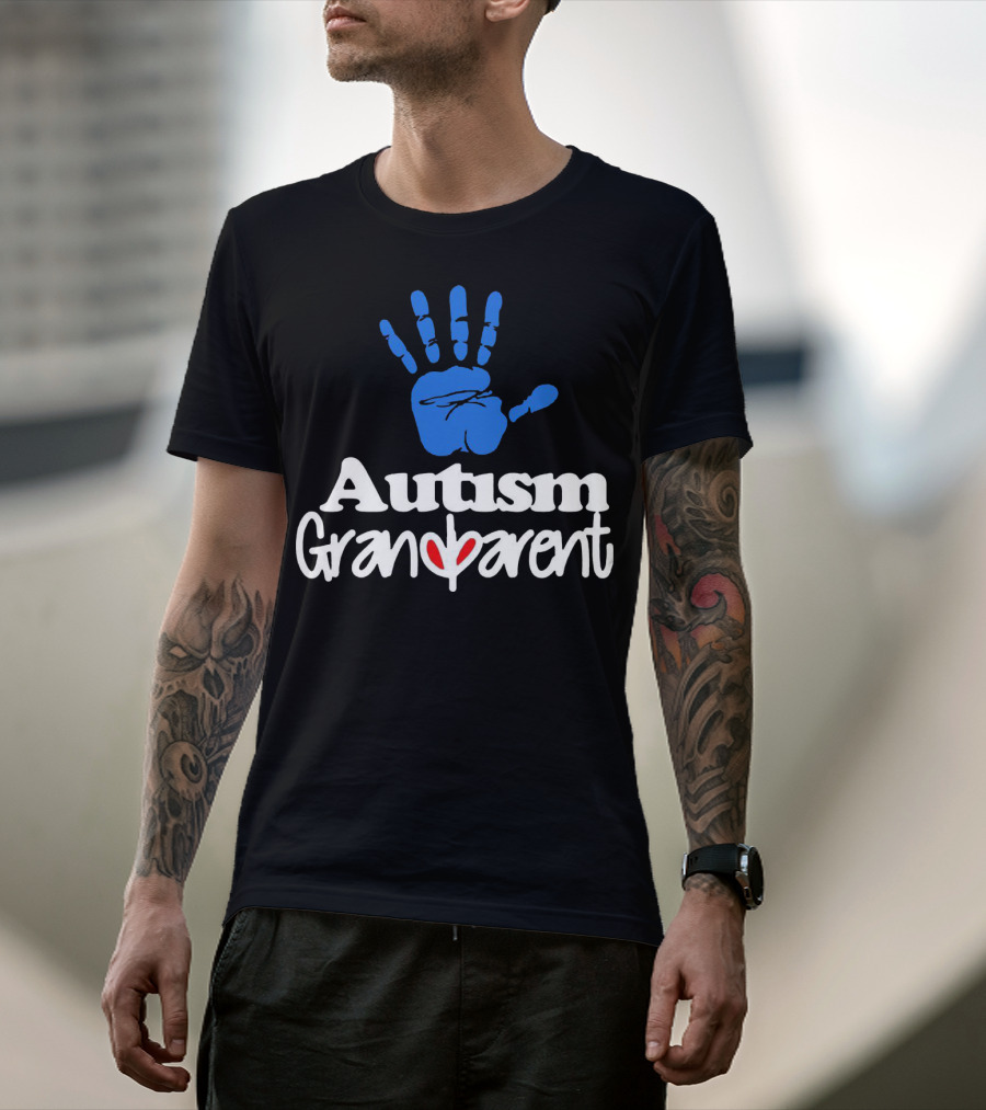 Autism Grandparent Blue Handprint Red Heart Inclusion T-Shirt