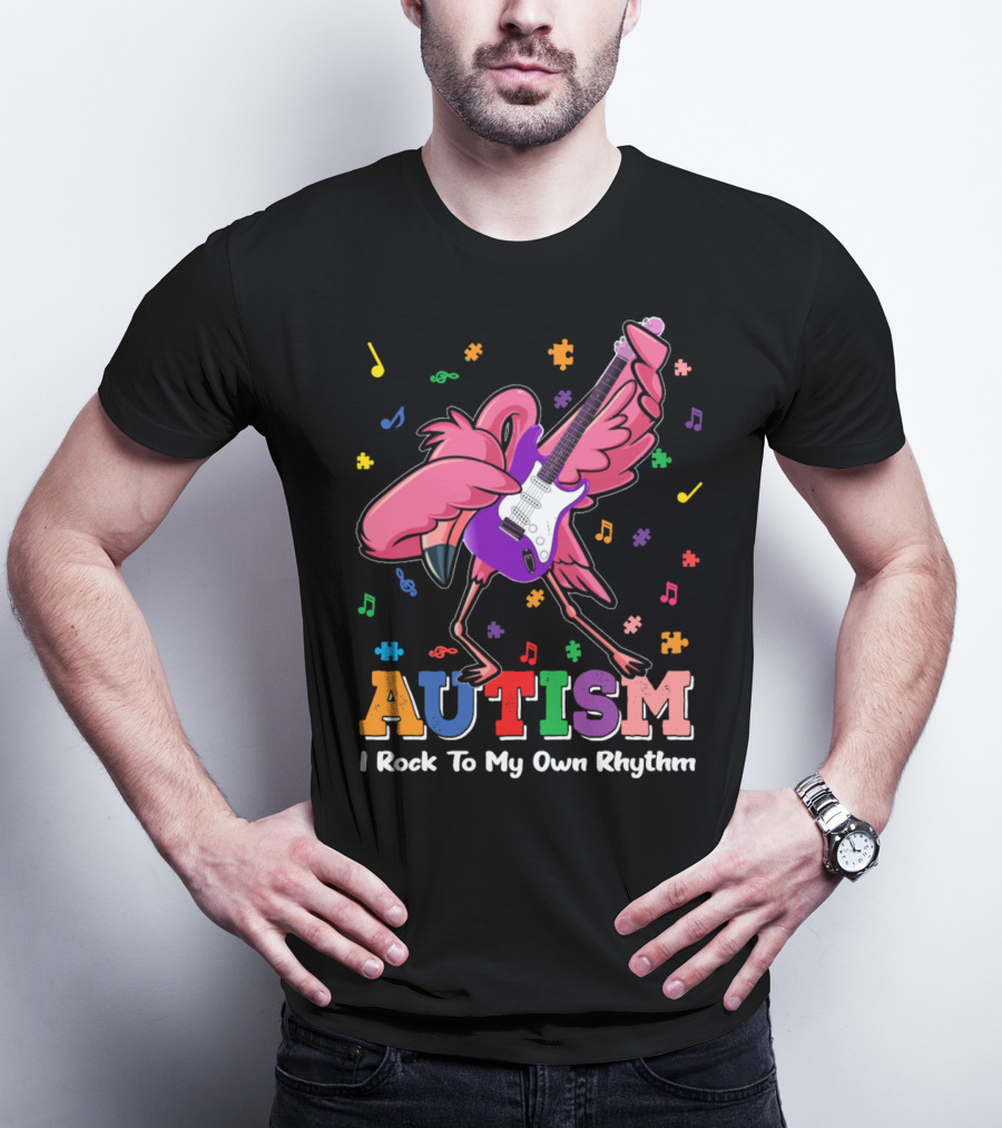 Autism I Rock To My Own Rhythm Flamingo With Guitar And Puzzle Pieces T-Shirt