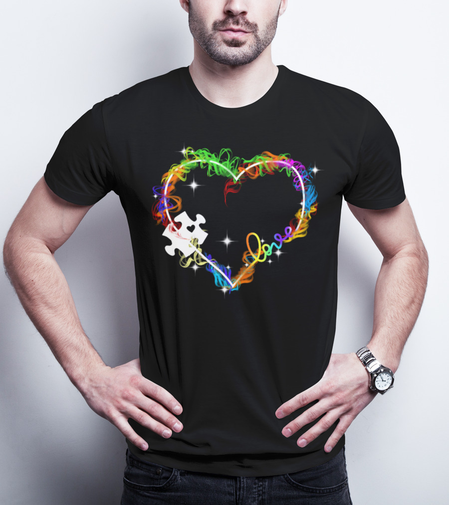 Love Heart Rainbow Puzzle Autism T-Shirt