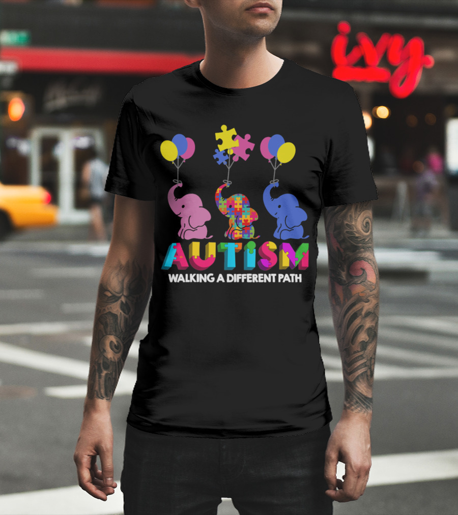 Autism Walking A Different Path Colorful Elephants And Balloons T-Shirt