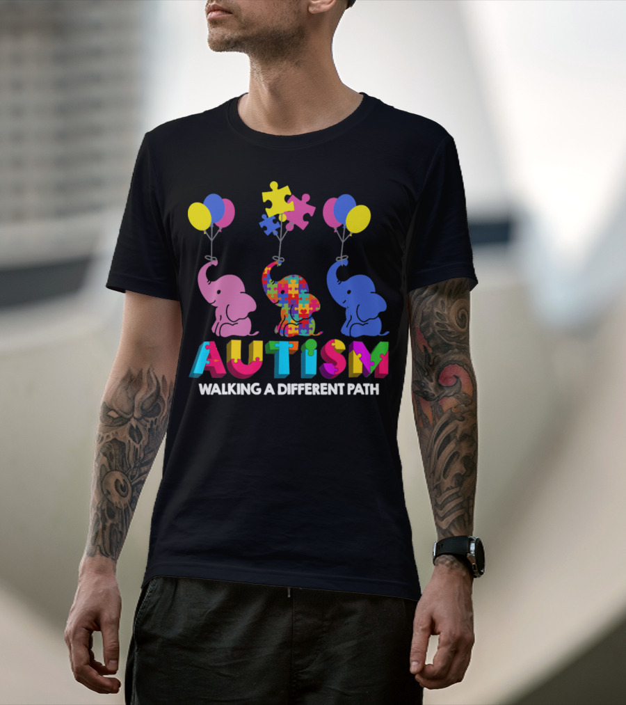 Autism Walking A Different Path Colorful Elephants And Balloons T-Shirt