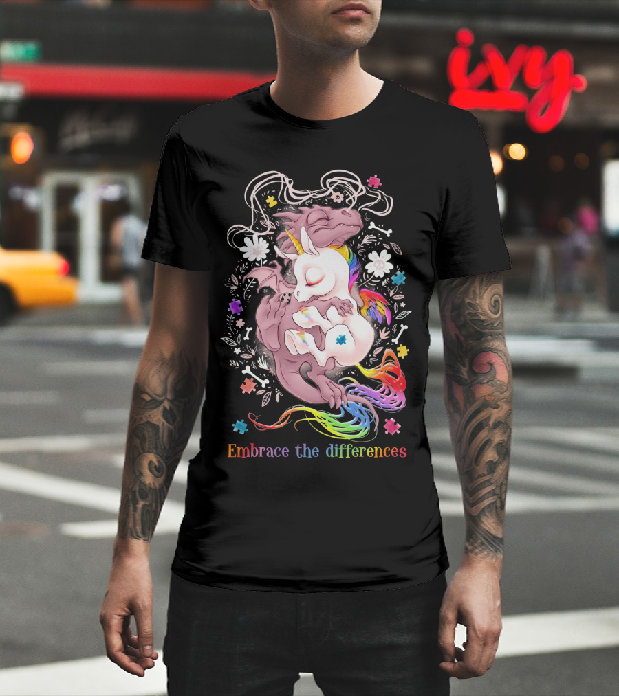 Embrace The Differences Unicorn And Dragon Rainbow Puzzle Flowers T-Shirt