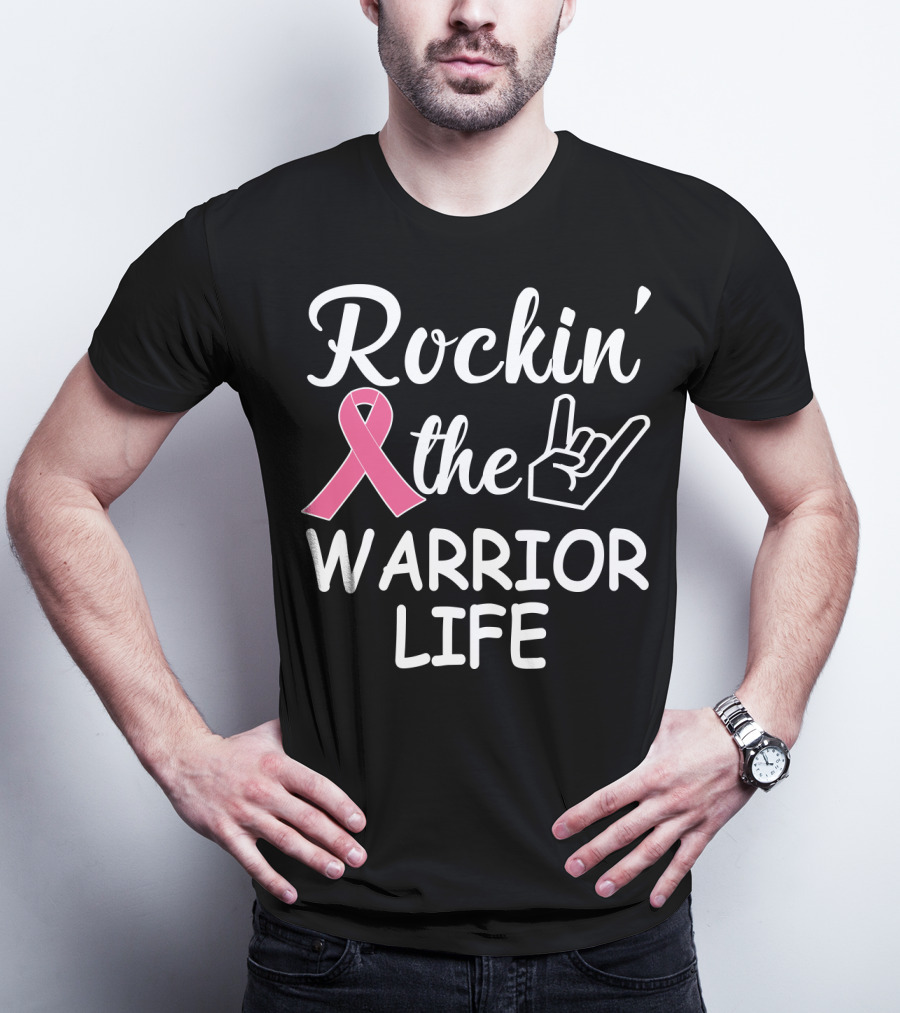 Rockin' The Warrior Life Pink Ribbon Rock Hand T-Shirt