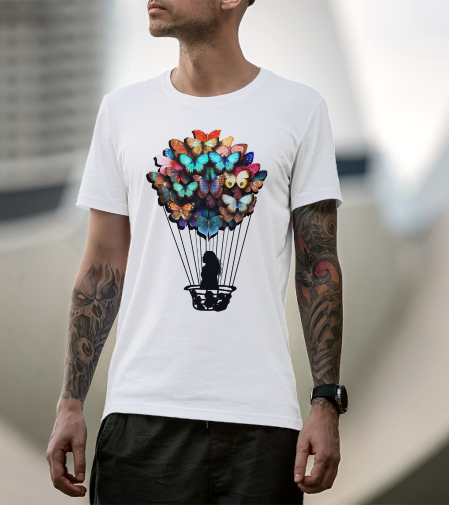 Butterfly BU01 Hot Air Balloon Silhouette With Colorful Wings T-Shirt