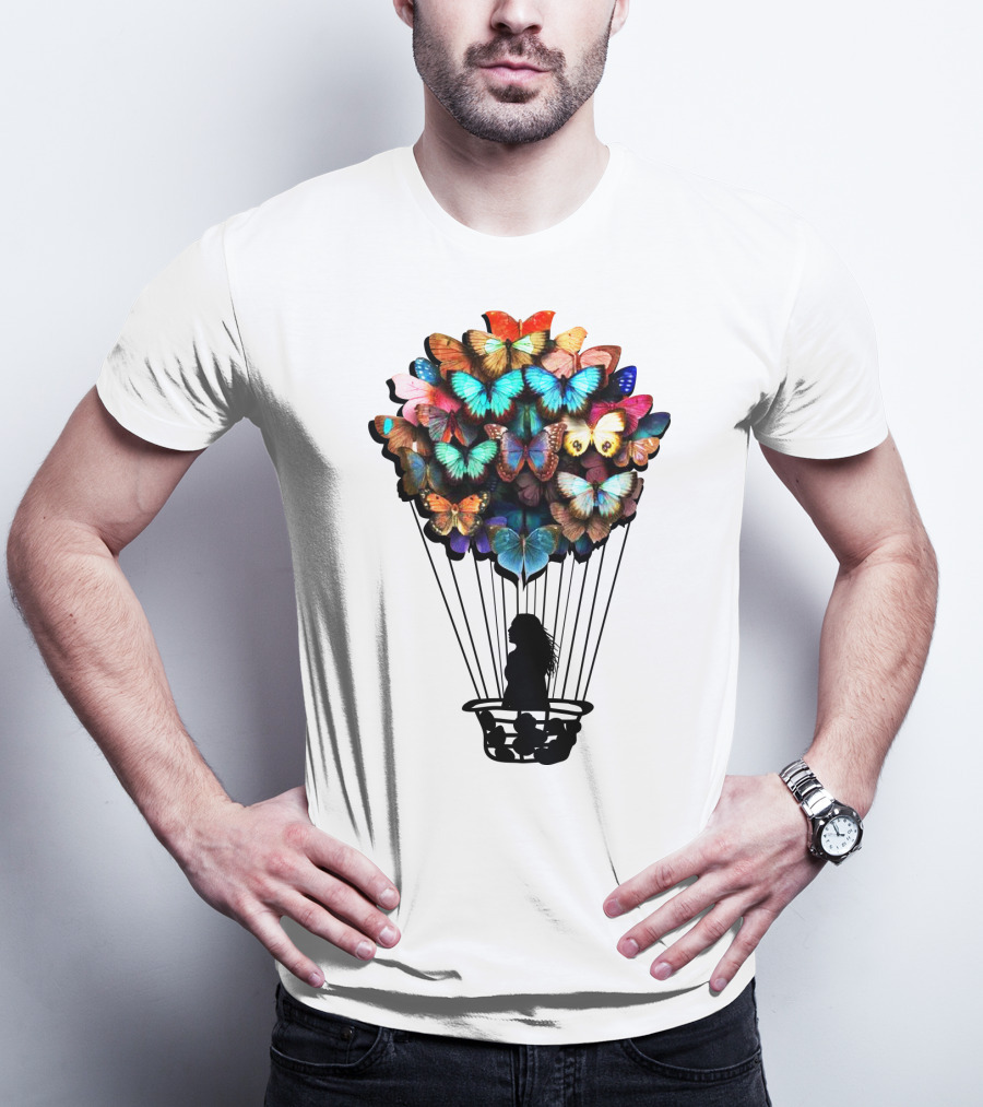 Butterfly BU01 Hot Air Balloon Silhouette With Colorful Wings T-Shirt