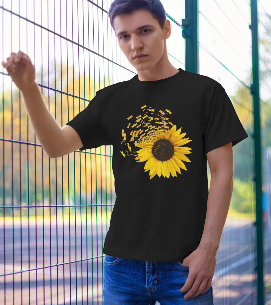 Sunflower Burst With Dragonflies Spiral T-Shirt