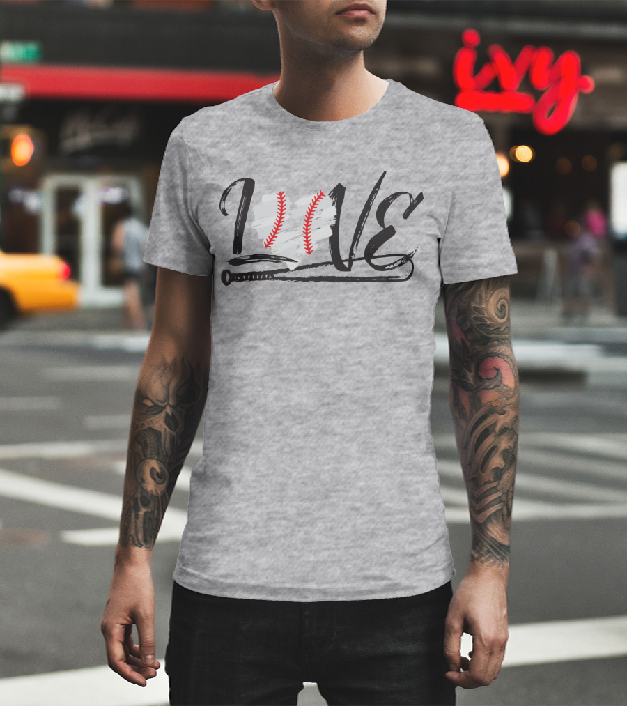 Love Baseball Bat Heart Stitching T-Shirt