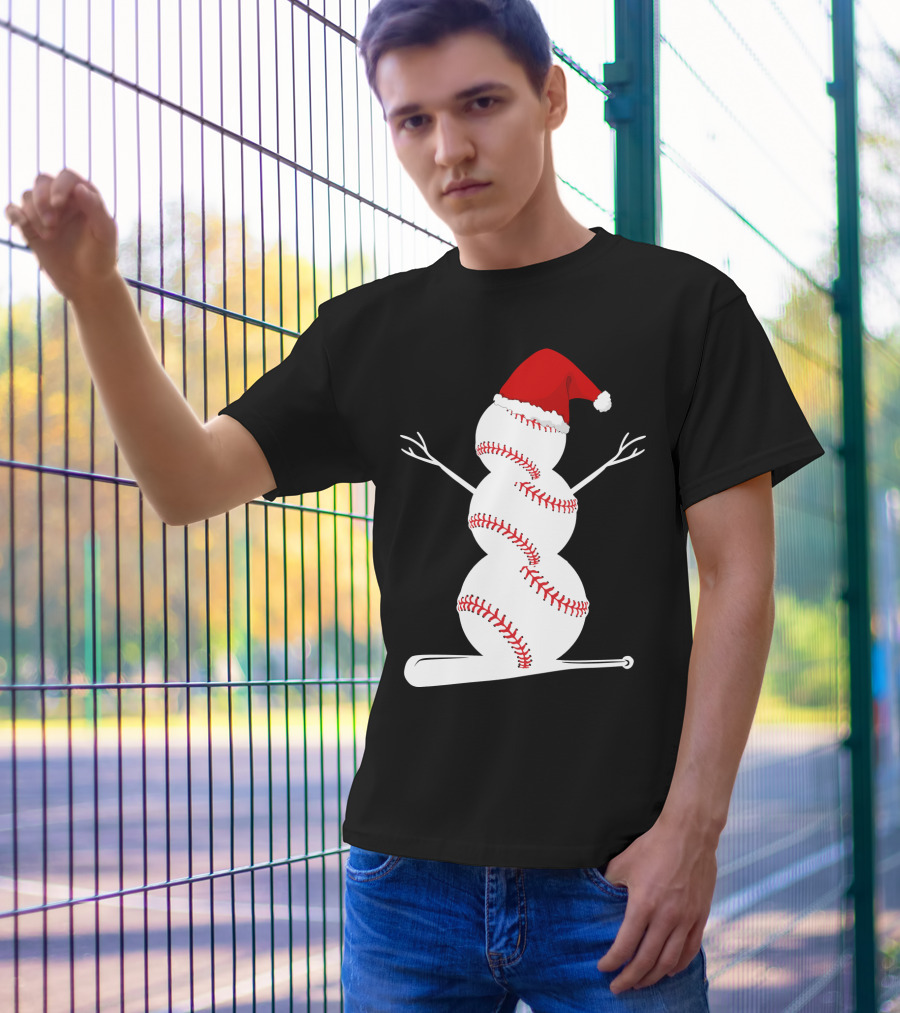 Baseball Snowman Santa Hat Bat Christmas BA01 T-Shirt