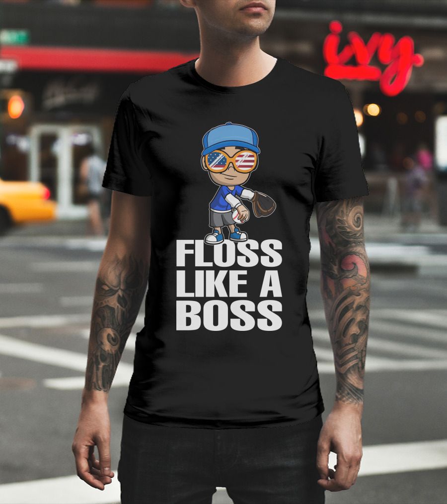 Floss Like A Boss Baseball Player American Flag Sunglasses T-Shirt