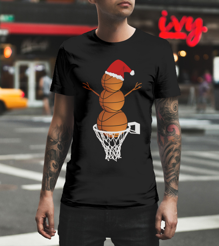 Basketball Snowman With Santa Hat In Hoop T-Shirt